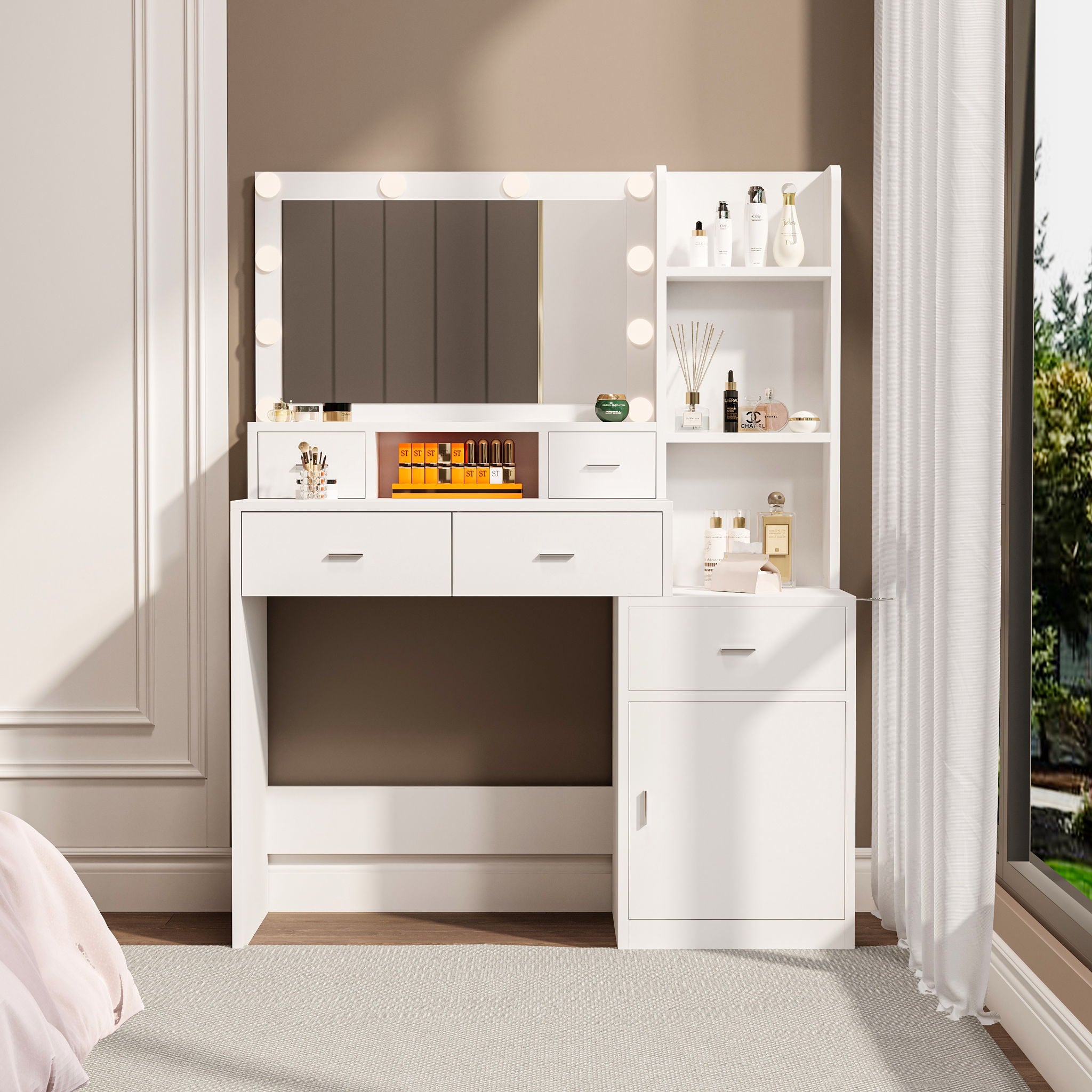 Smart Mirror Dressing Table with Drawers Storage Cabinet Modern Set with Dressing Pad Latitude Run Color White