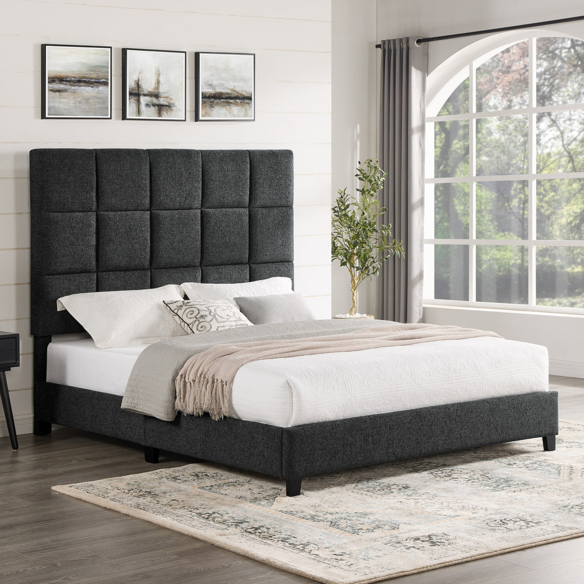 Bridgevine Home Queen Size Grey Squares Upholstered Platform Bed Atlantic Fine Furniture Inc