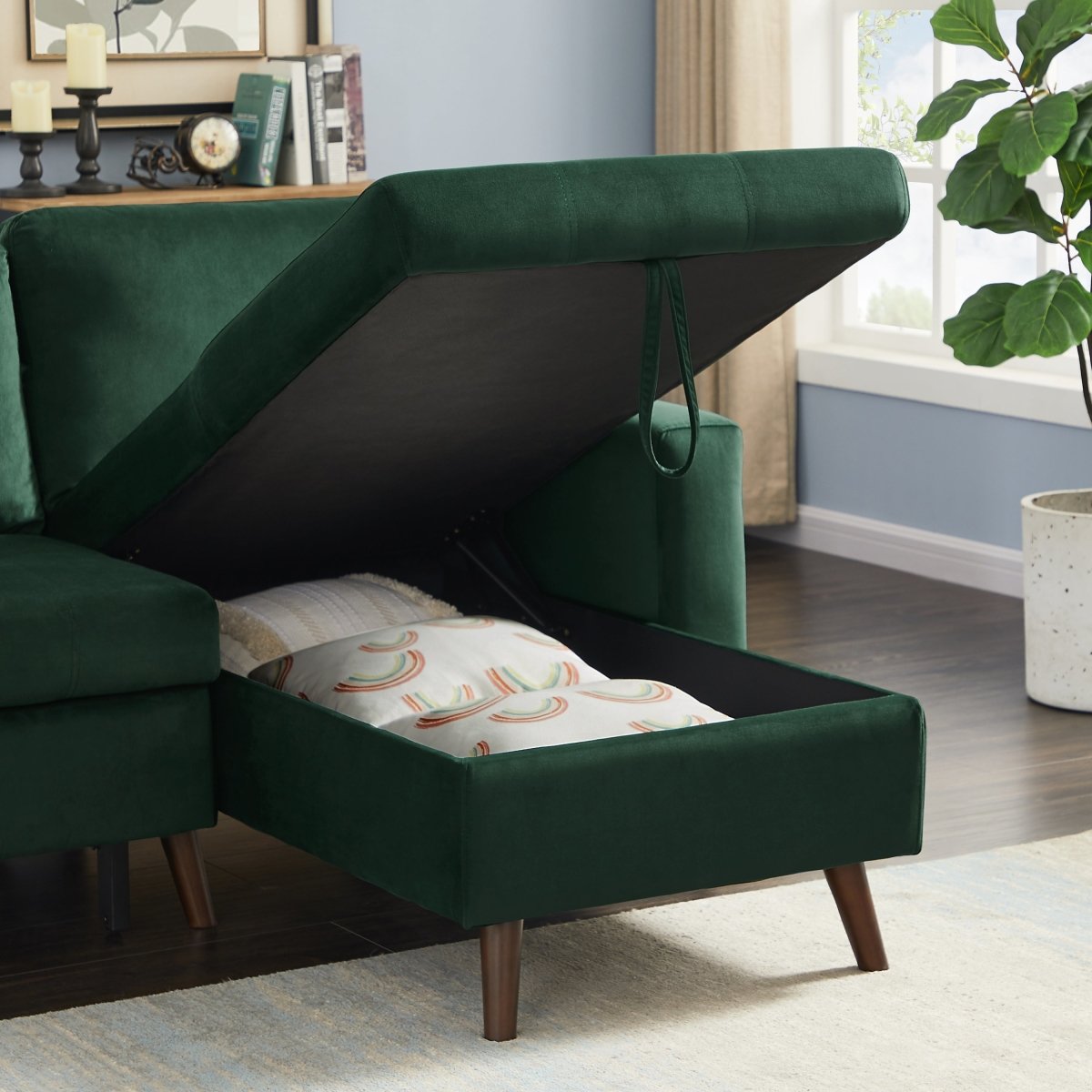 88 Sectional Sofa Pull Out Sofa Bed Velvet Padded Corner Sofa Lounge Couch with Storage Chaise Left Right Handed Chaise Green